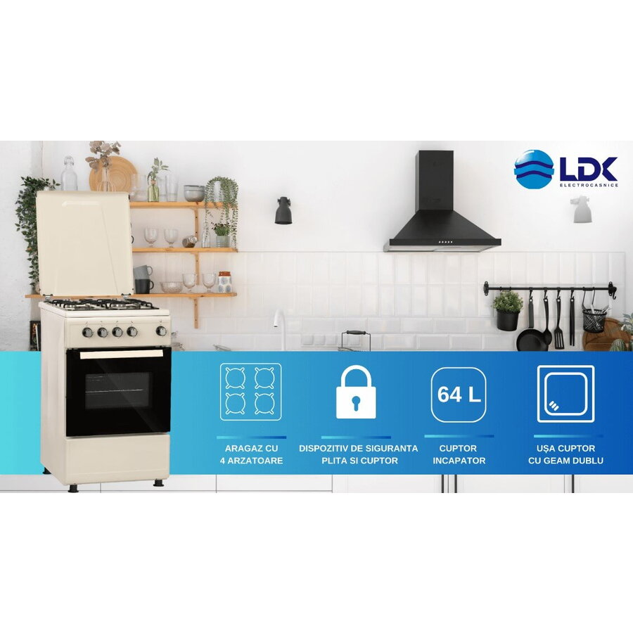 Aragaz 4 arzatoare gaz 60x60cm TK6060 crem ART12507 LDK - Brick Romania